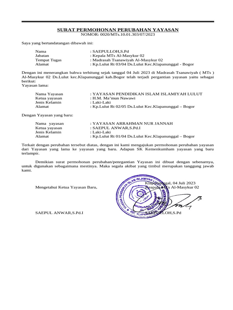 Surat Permohonan Pergantian Yayasan | PDF