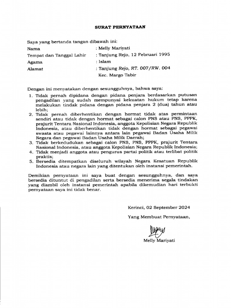 Surat Peryataan 5 P Melly M - OK Sip | PDF