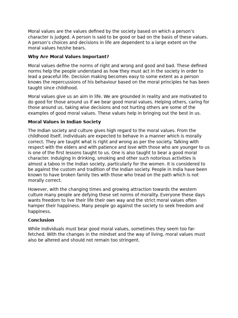 Moral Values in Indian Society | PDF