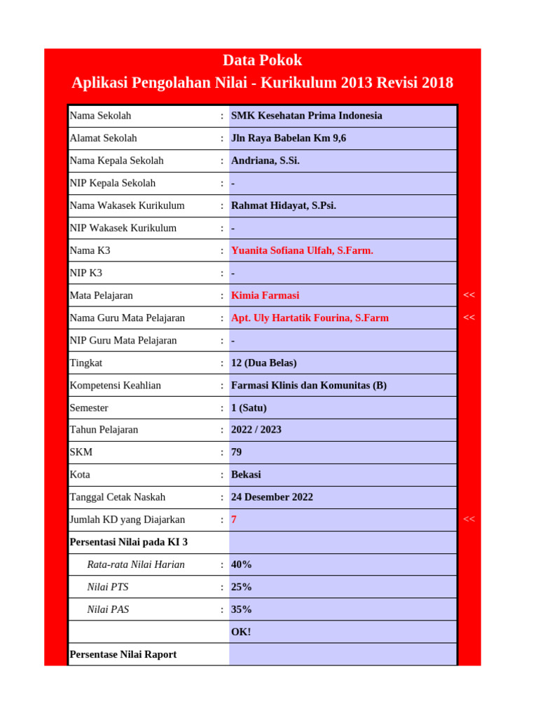 Aplikasi Pengolahan Nilai - 12 FKK B - PSAS1 - 2223 Kimia Farmasi | PDF