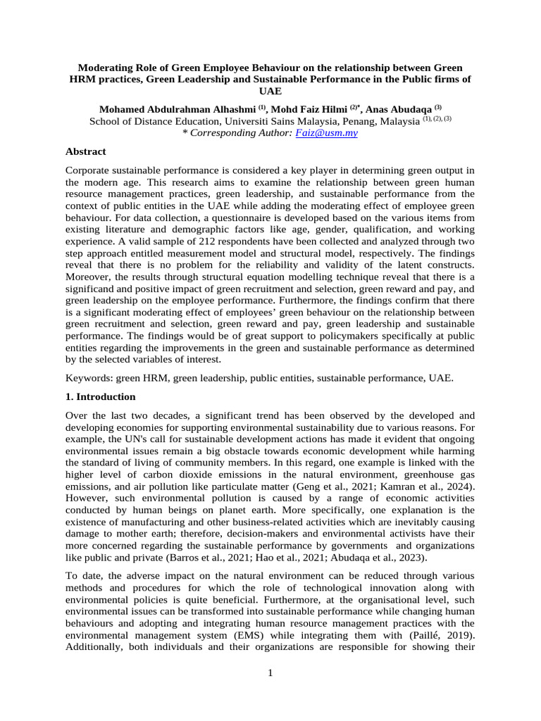 Green HRM and Leadership in UAE Public Firms | PDF | Sustainability ...