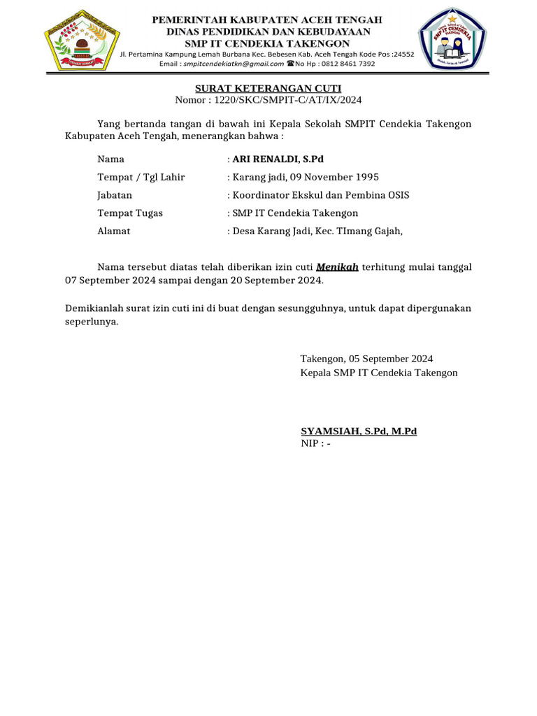 1220 Surat Ketrangan Cuti Ari Renaldi | PDF
