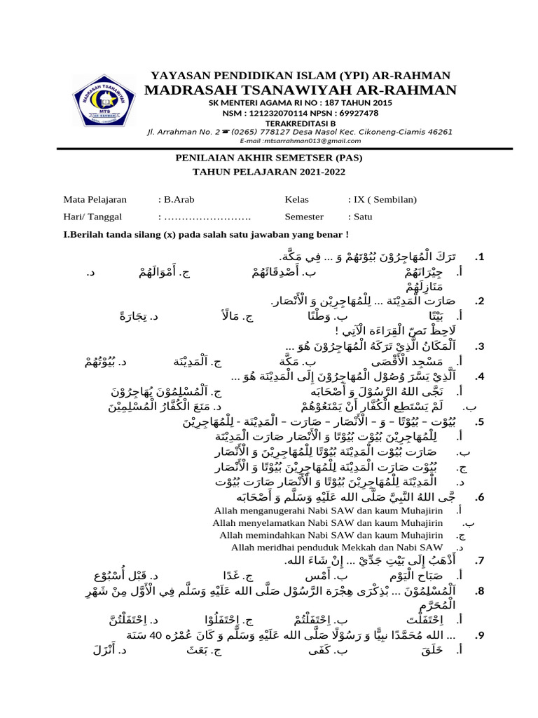 Soal PAS Bahasa Arab Kelas 9 Semester Ganjil Tahun Pelajaran 2020-2021 | PDF