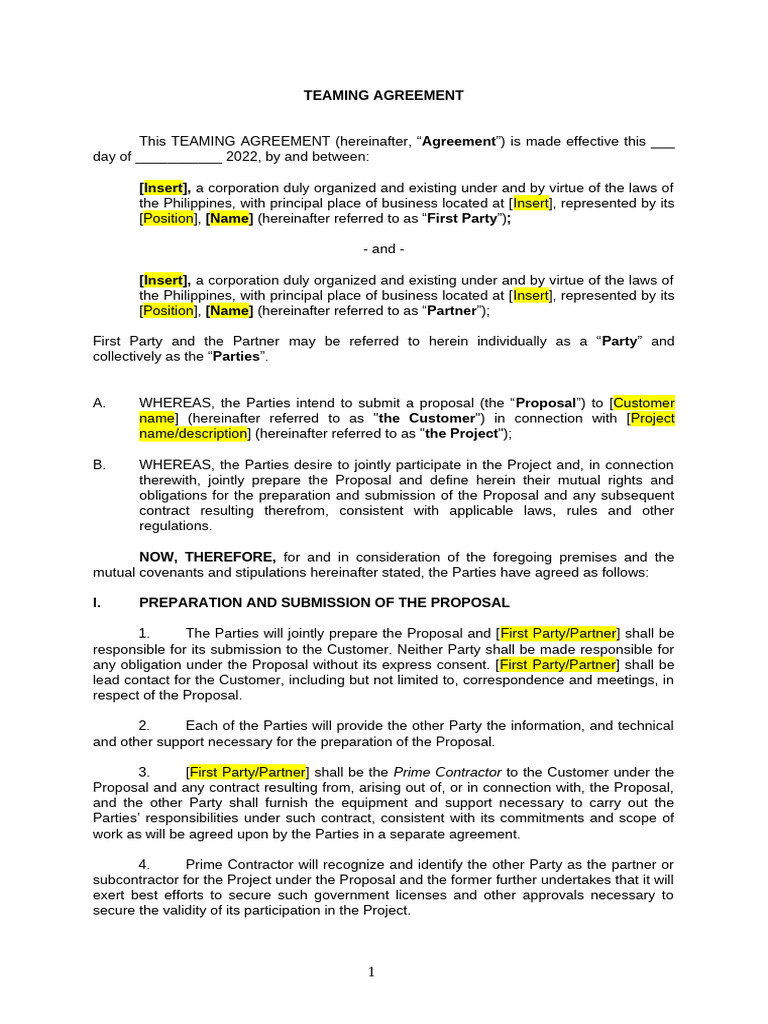 Teaming Agreement (Template) v1 | PDF | Intellectual Property | Law