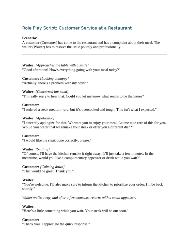 Role Play Script Customer Service At A Restaurant Pdf