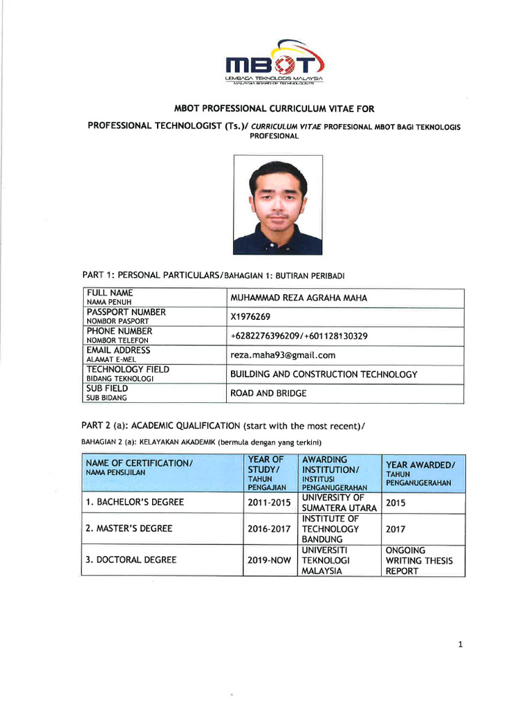 Curriculum Vitae MBOT Assesment (TS.) Muhammad Reza Agraha Maha | PDF