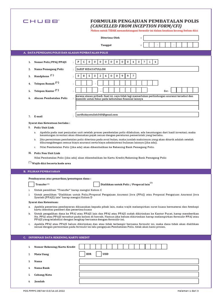 Formulir Pengajuan Pembatalan Polis Atau Cancelled From Inception Form (CFI) | PDF