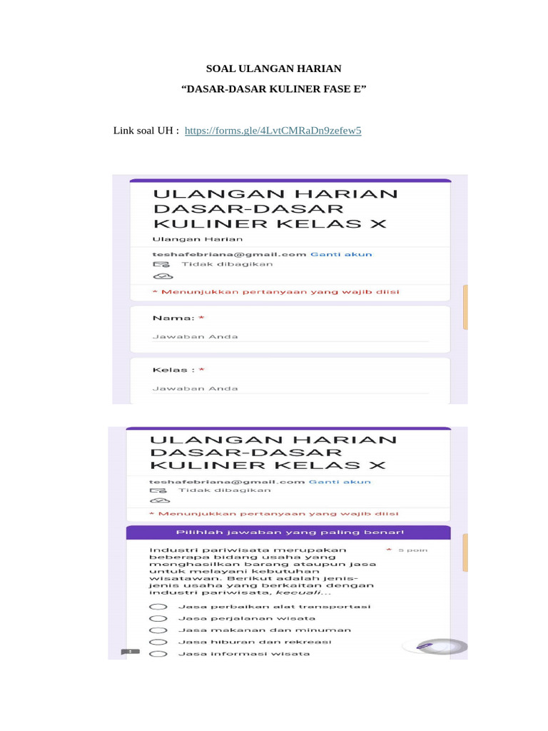 Soal UH Dasar-Dasar Kuliner Kelas X | PDF