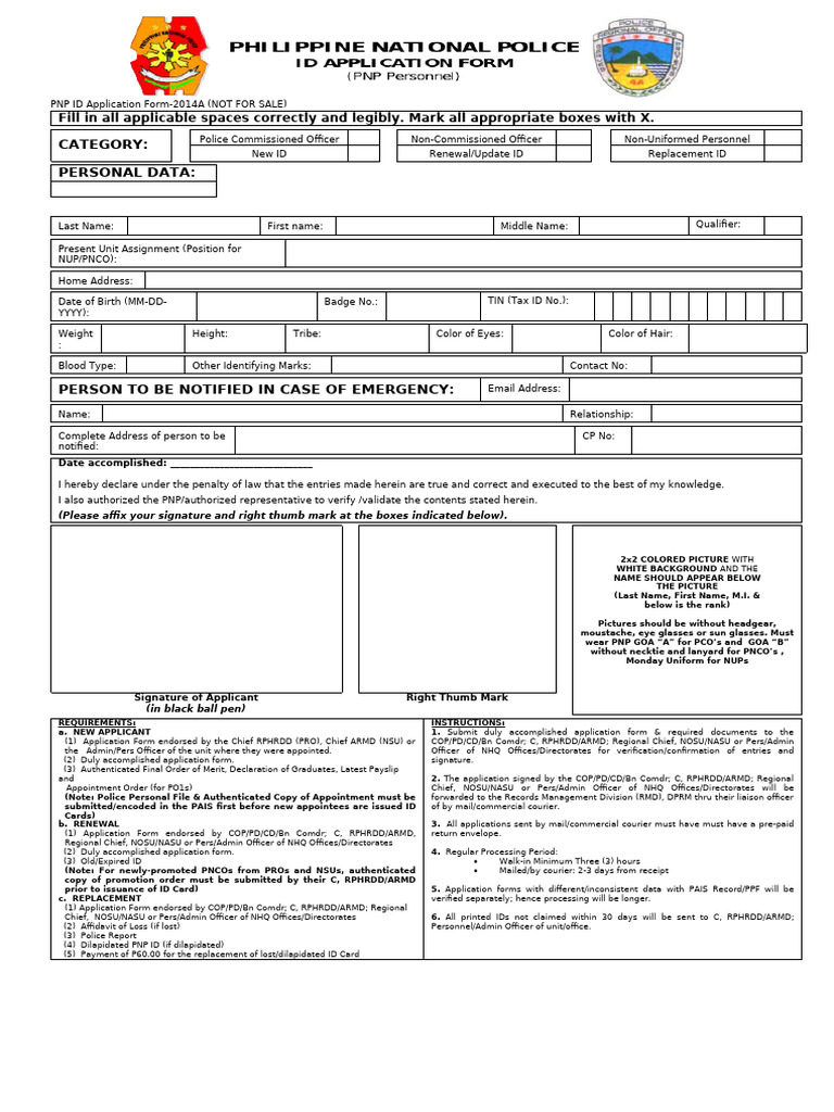 New PNP Id Form A4 | PDF