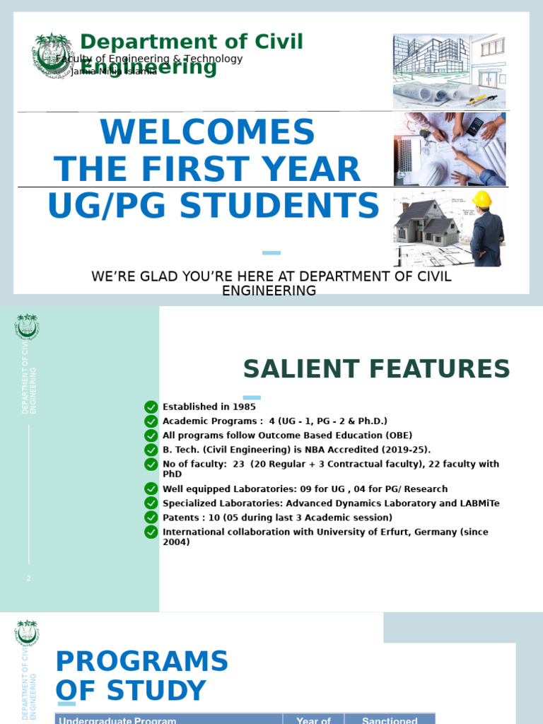 Department of Civil Engineering: Welcomes The First Year Ug/Pg Students ...