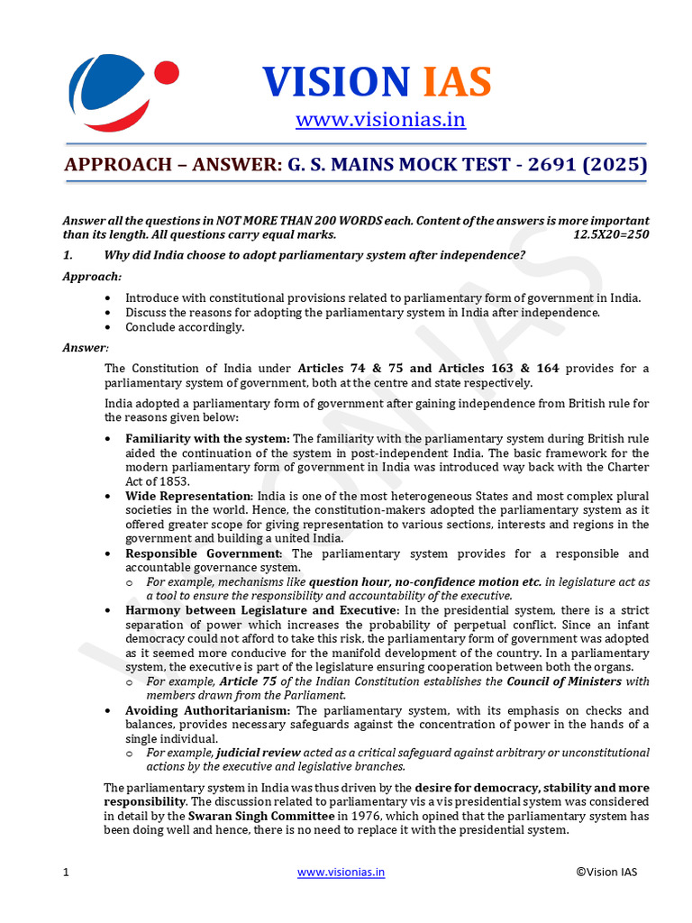 Test 1 Gs Paper II Constitution, Polity 2691 Solution English | PDF