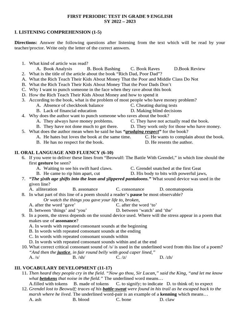 First Periodic Test in Grade 9 English | PDF