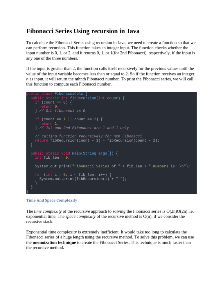 Fibonacci Series Using Recursion in Java | PDF Fibonacci Series Using Recursion in Java | PDF