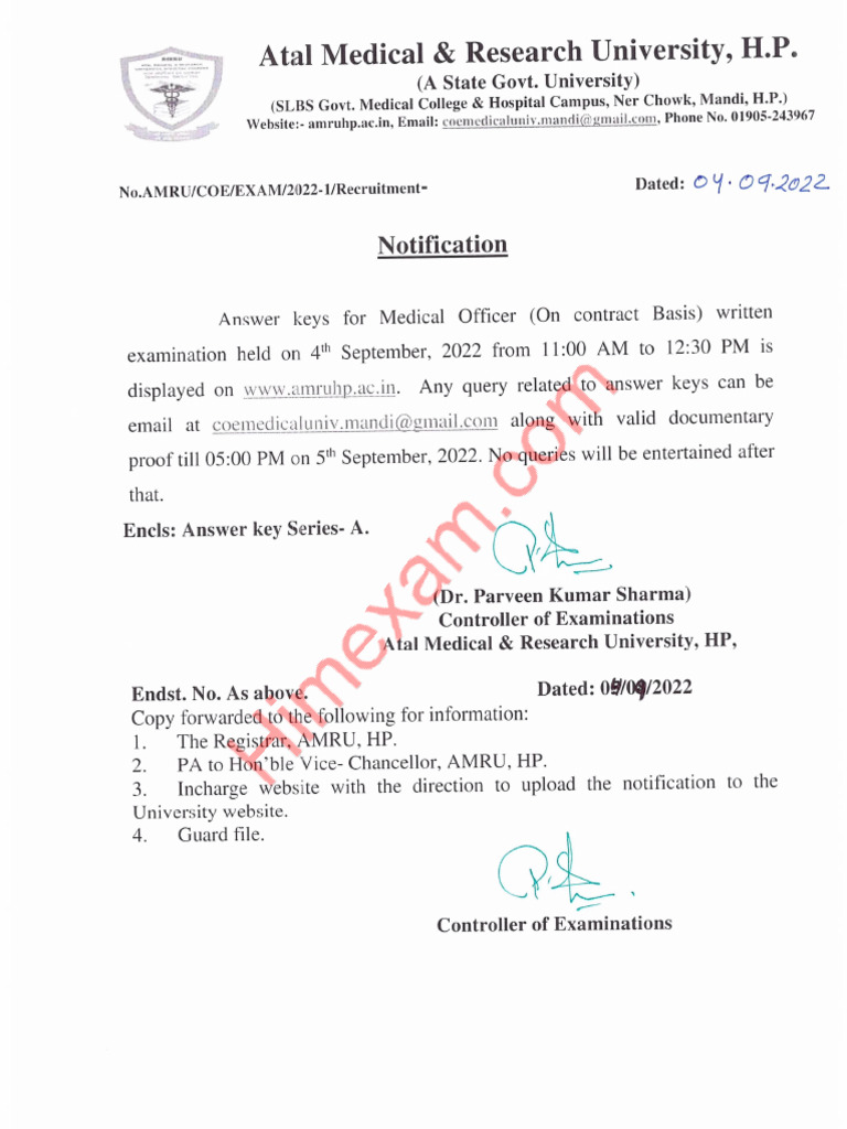 Answer Key Medical Officer Exam Held On 4th September 2022 | PDF