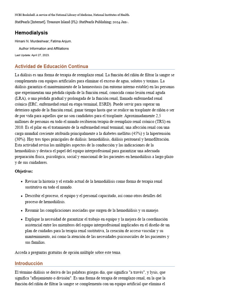 Hemodiálisis - StatPearls - Estantería NCBI | PDF