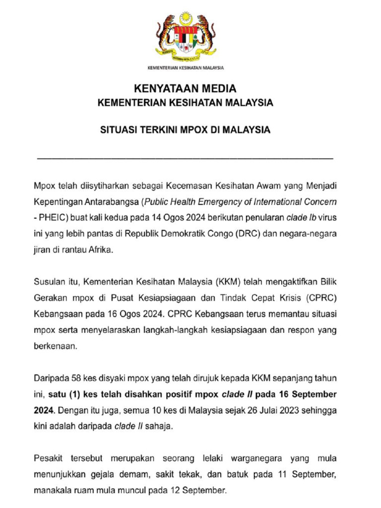 Kenyataan Media KKM - Mpox 17.09.2024 | PDF