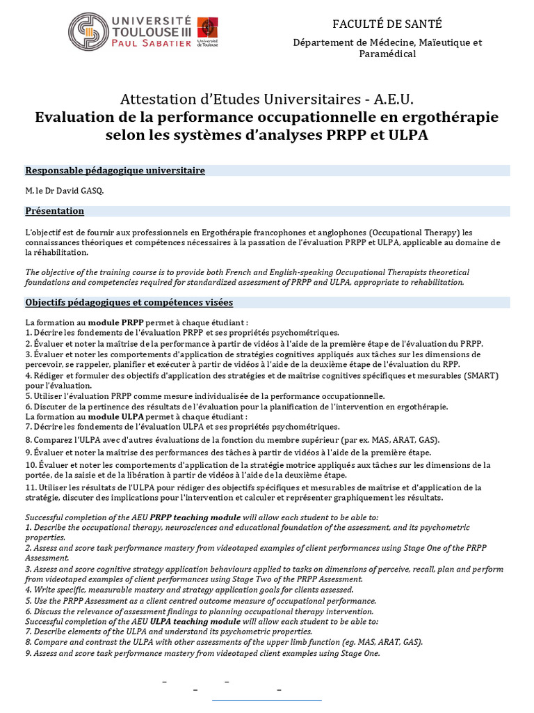 Evaluation de La Performance Occupationnelle en Ergotherapie Selon Les Systemes D'analyses PRPP ...