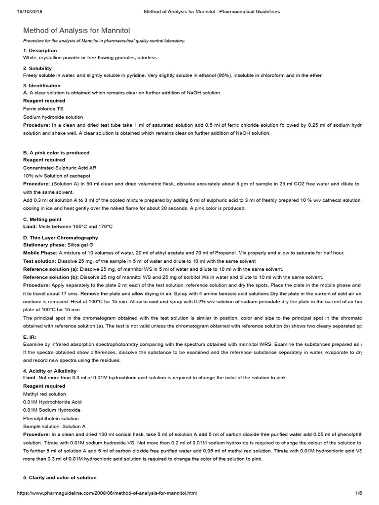 Method of Analysis For Mannitol - Pharmaceutical Guidelines | PDF