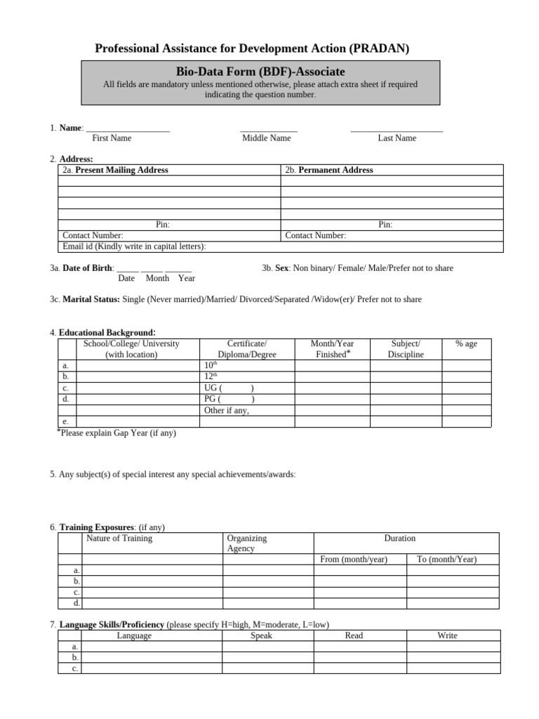 Bio-Data Form for PRADAN Applicants | PDF