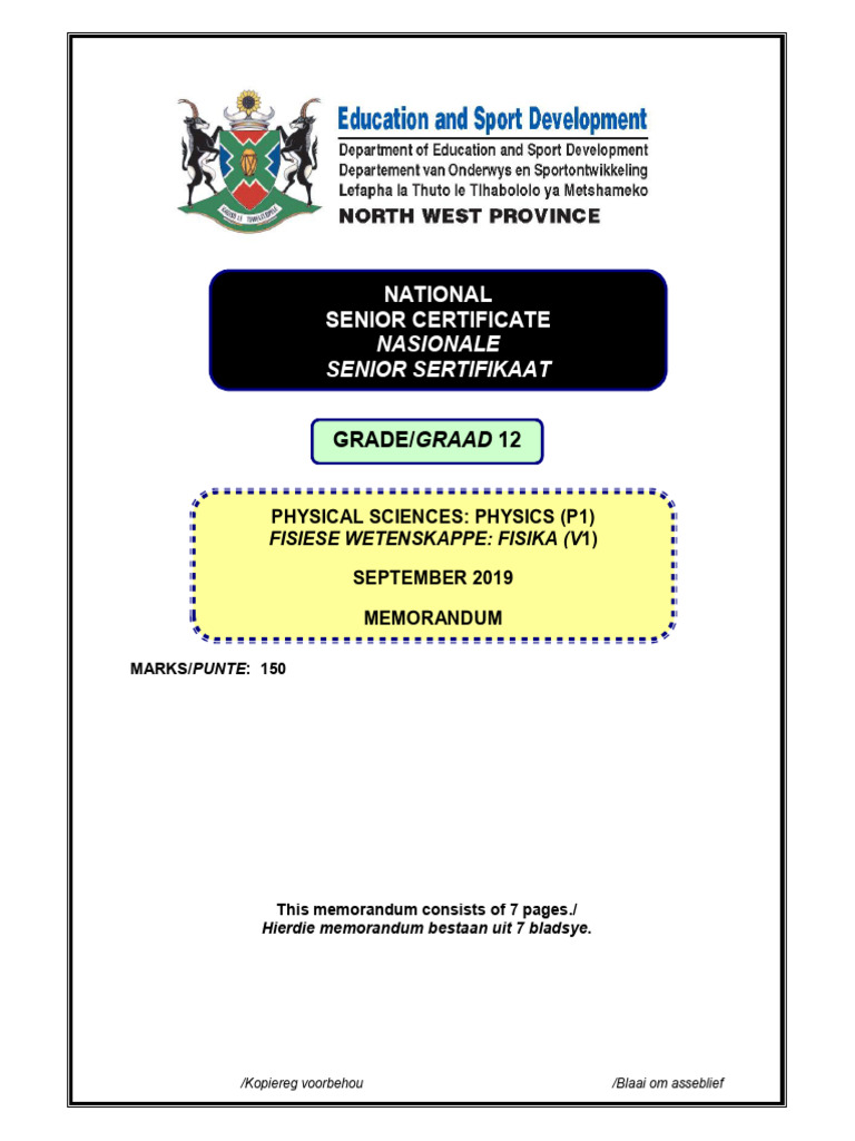 NW Phys SC P1 Memo Afr Eng September 2019 | PDF