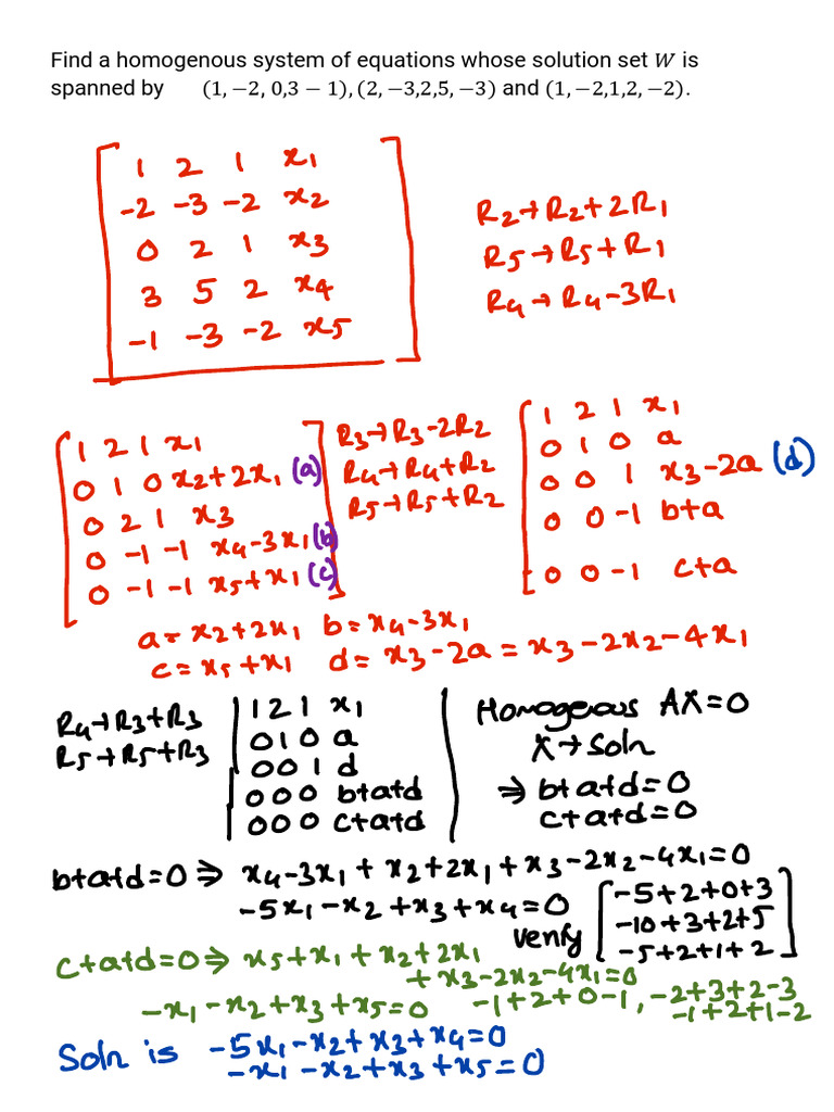 Find a Homogenous System of Equations Whose Solution Set W is Spanned | PDF