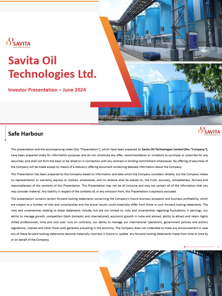 Savita Oil Technologies LTD.: Investor Presentation June 2024 | PDF