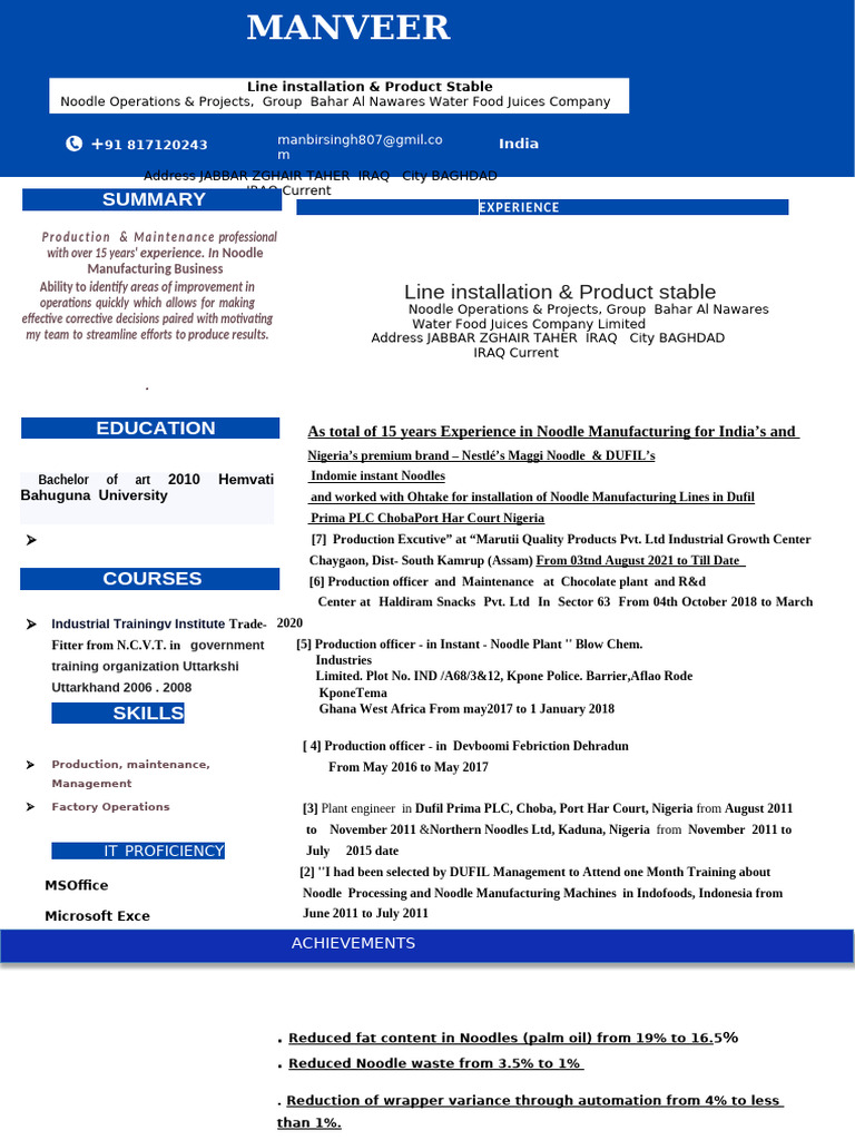 Manveer Resume Production Hending 15 Year Experience Instant Noodle | PDF