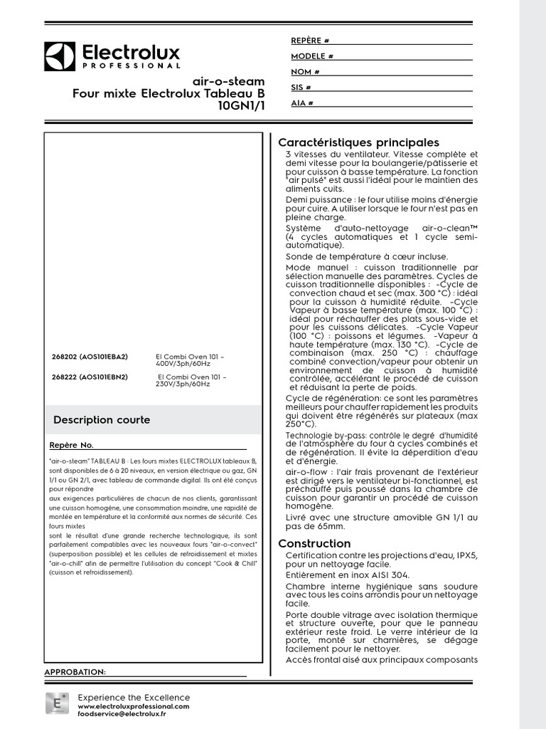 Fiche Technique Four Electrolux - AOS101EBA2 | PDF