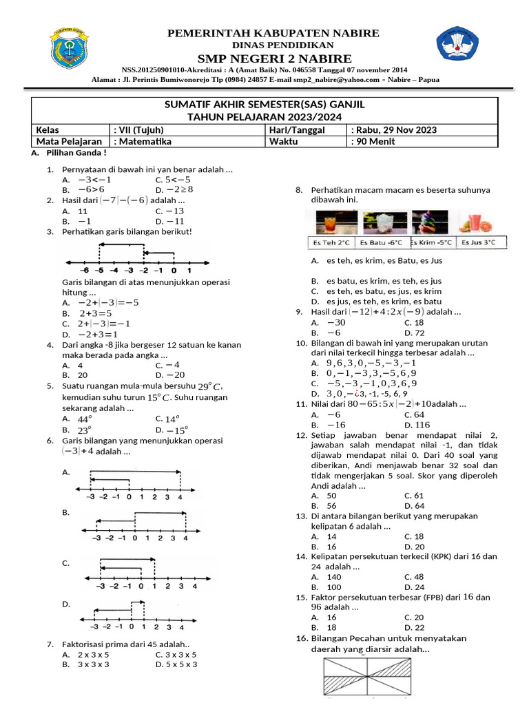 Soal Sas MTK Kelas 7 | PDF