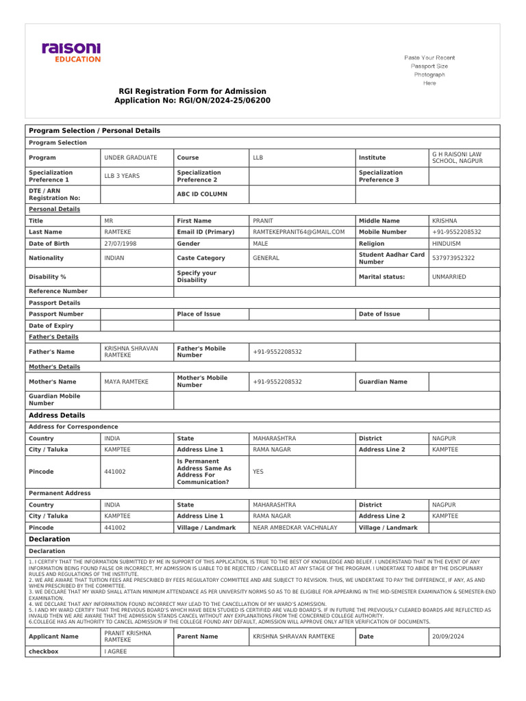 Application Form RGI ON 2024-25 06200 | PDF