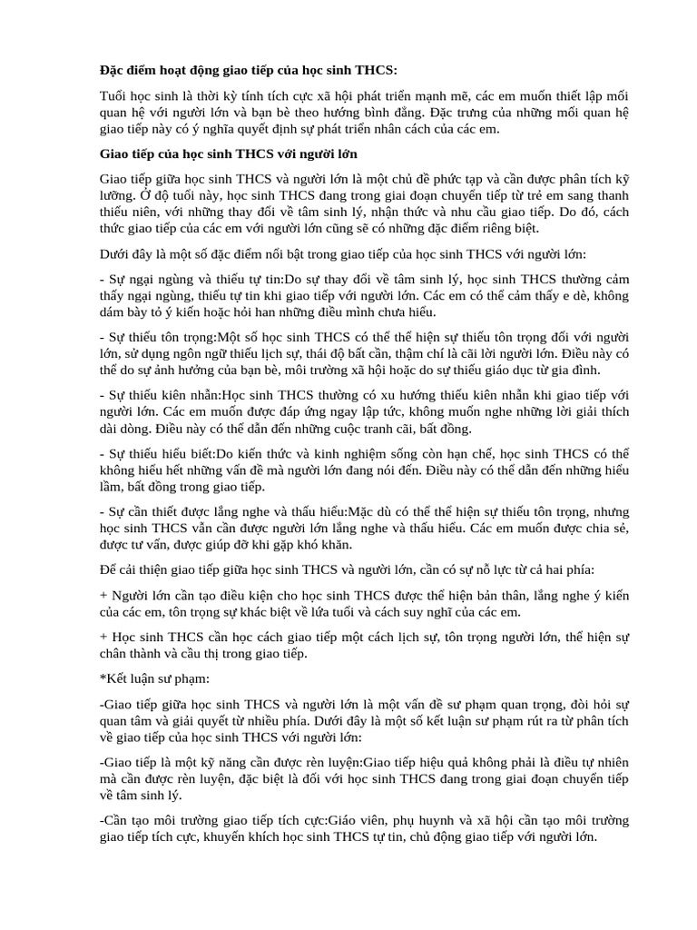 Đặc điểm hoạt động giao tiếp của học sinh THCS | PDF