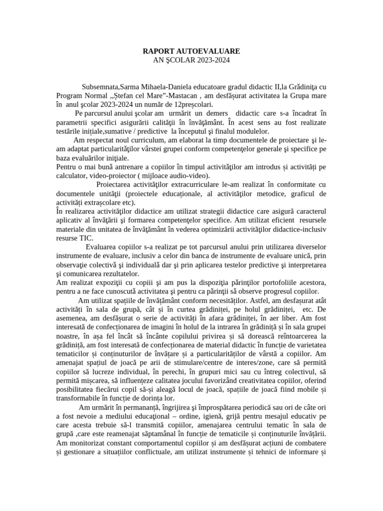 Raport de Autoevaluare An Școlar 2023-2024 | PDF
