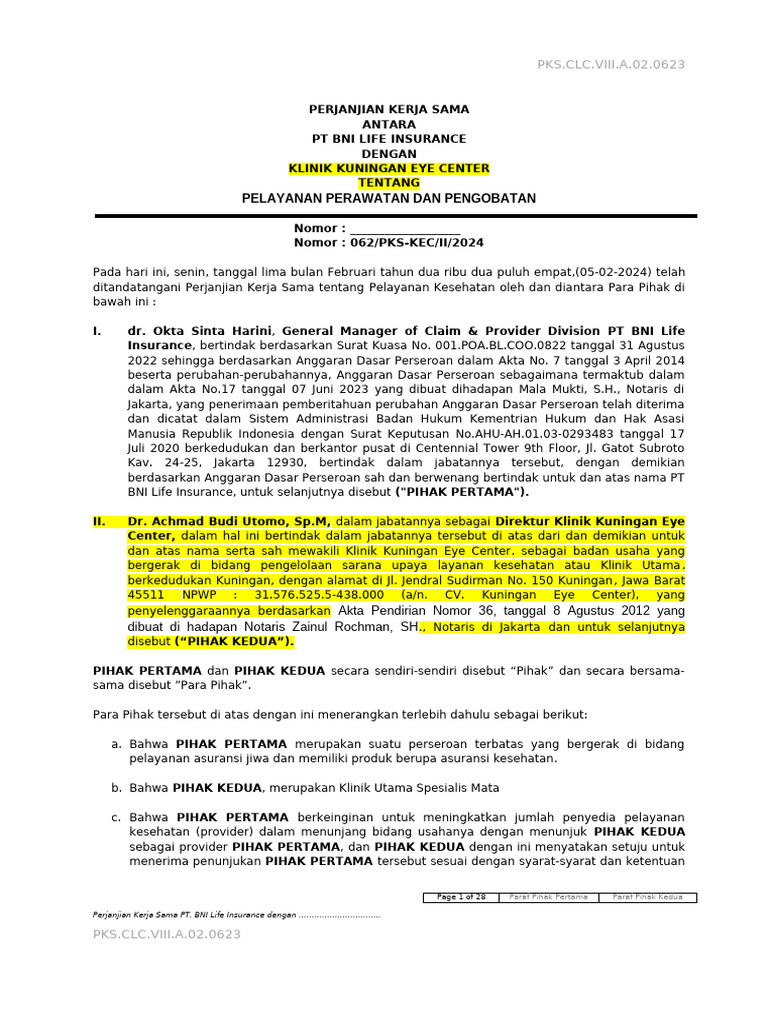 Draf Perjanjian Kerjasama PT BNI Life Insurance Indemnity - RS New 2023 KEC | PDF