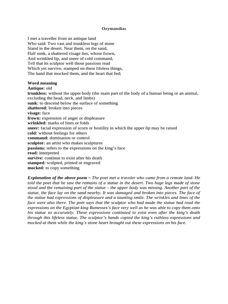 Word Meaning Antique: Trunkless: Sunk: Shattered: Visage: Frown ...