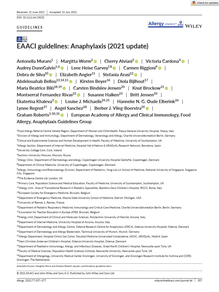 Allergy - 2021 - Muraro - EAACI Guidelines Anaphylaxis 2021 Update | PDF