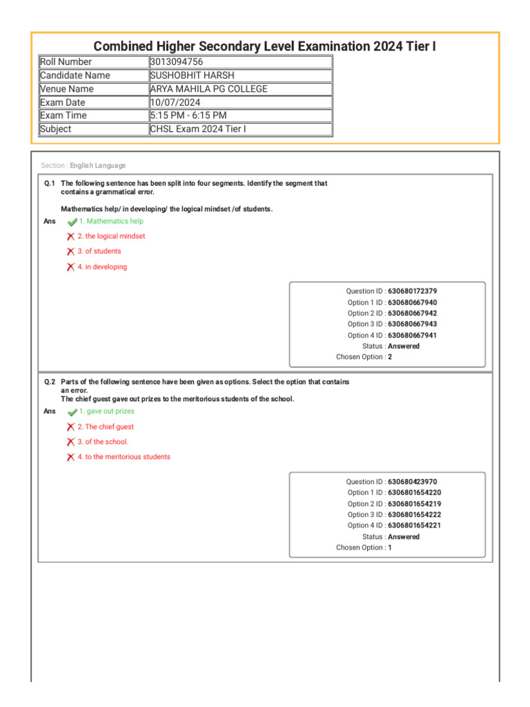 CHSL Answer Key | PDF