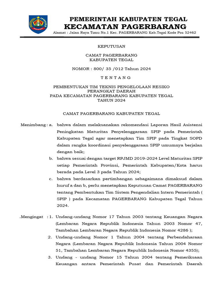 SK Pembentukan Tim Teknis Pengelola Resiko SPIP | PDF