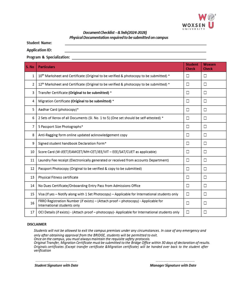 B.tech Student Document Checklist AY 24 - 28 | PDF