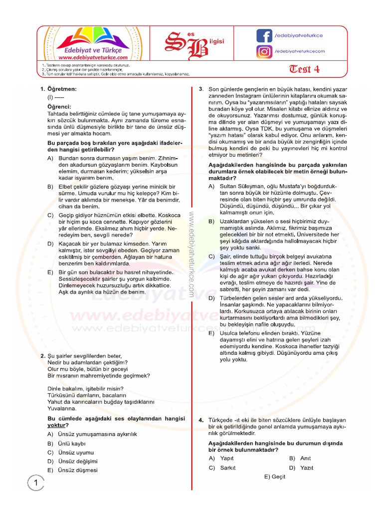 Türkçe Test 4 | PDF