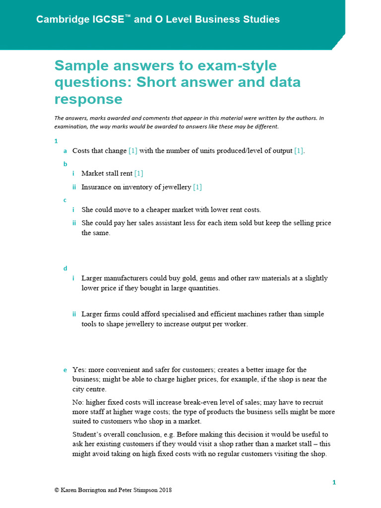 19 Costs, Scale of Production and Break-Even Analysis - Sample Answers To Short Answer and Data ...