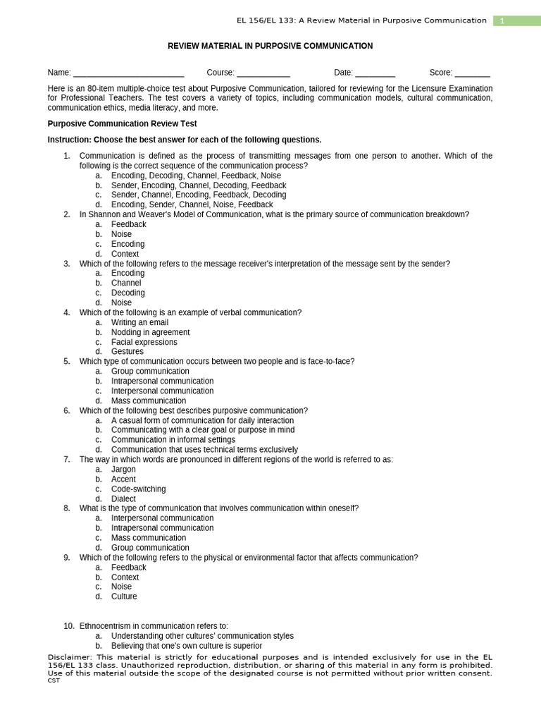 REVIEW MATERIAL IN PURPOSIVE COMMUNICATION | PDF