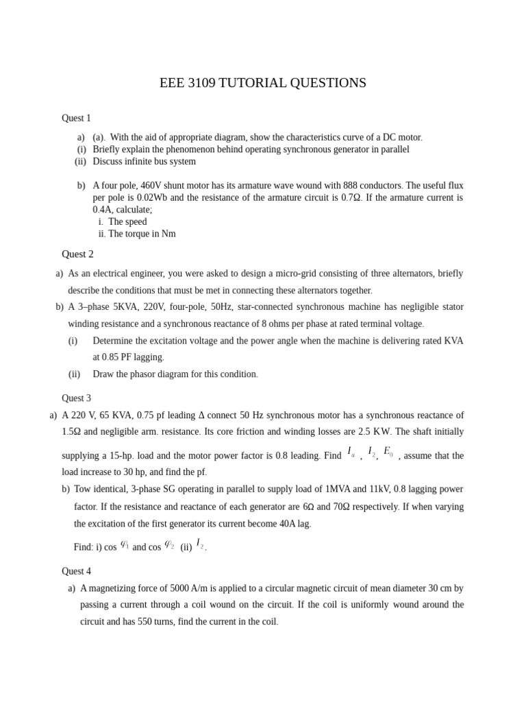 Eee 3109 Tutorial Questions | PDF | Electric Motor | Inductor