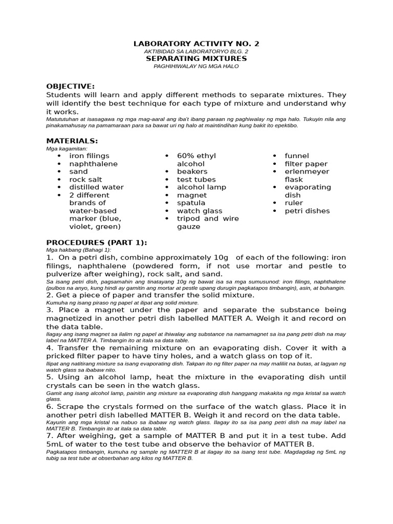 Laboratory Activity 2 Separating Mixtures | PDF