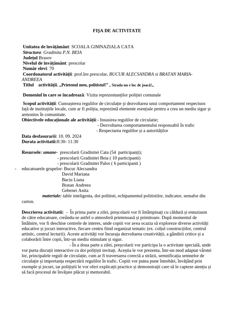 Fisa Activitatii 10.09.2024 | PDF
