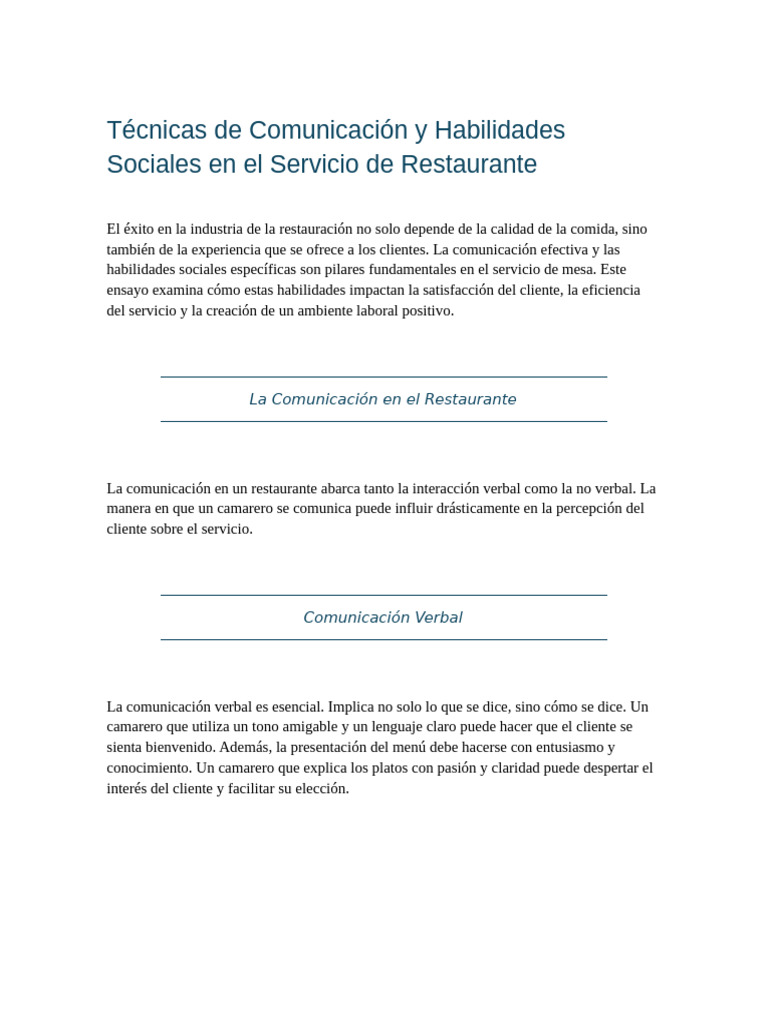 Técnicas de Comunicación y Habilidades Sociales en El Servicio de ...