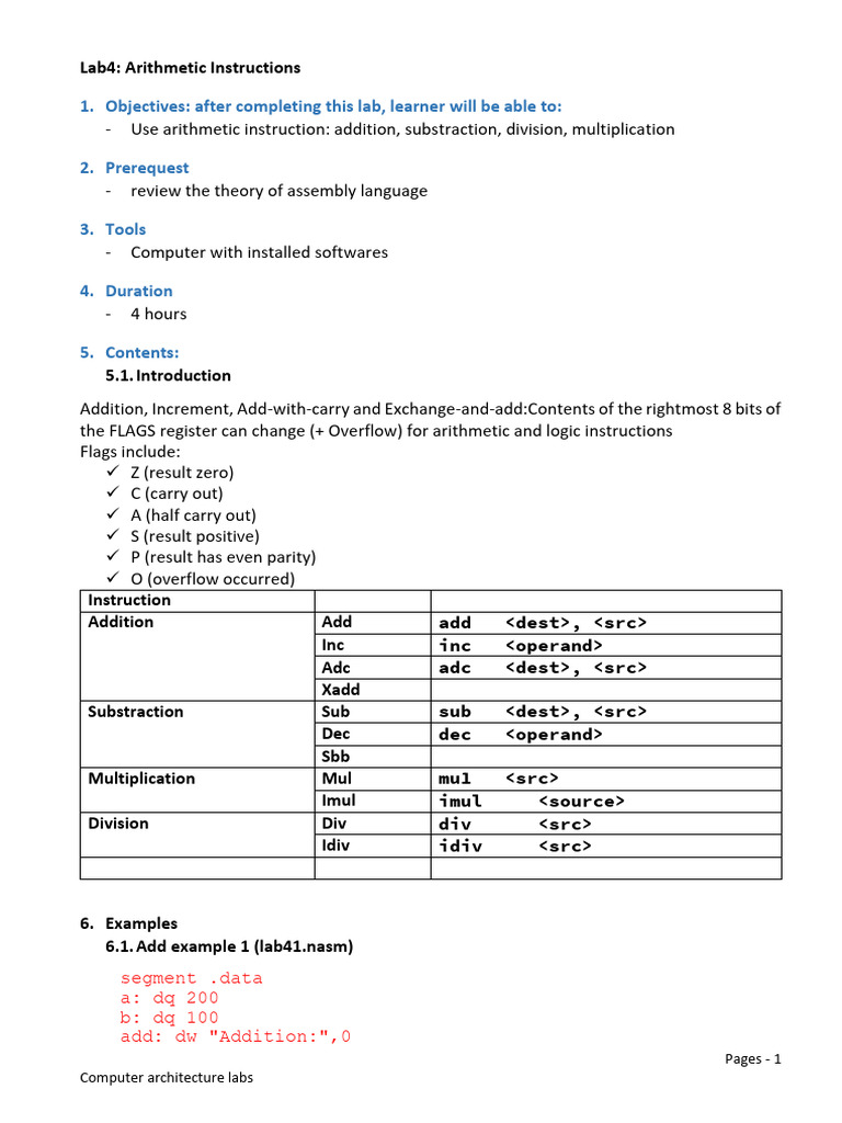 Lab2023 4 Arithmetic Instructions | PDF