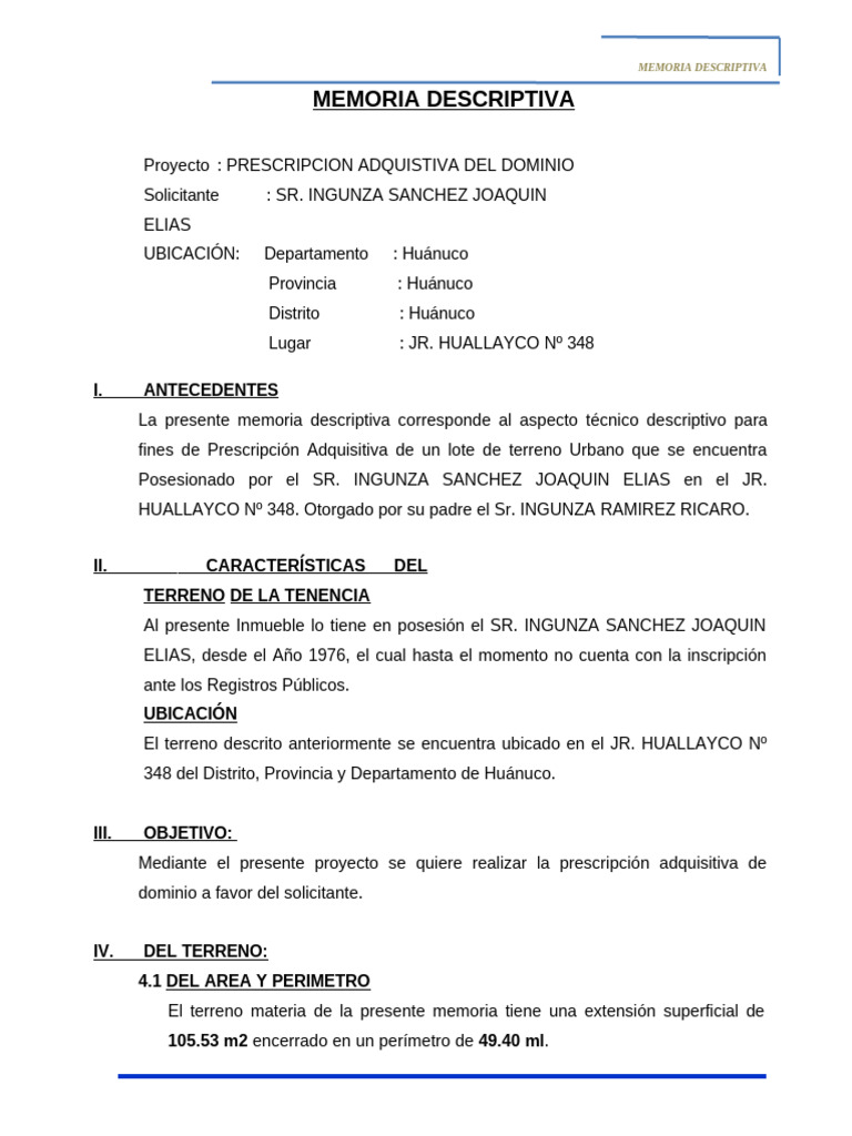 Memoria Descriptiva de PRESCRIPCION ADQUISITIVA | PDF