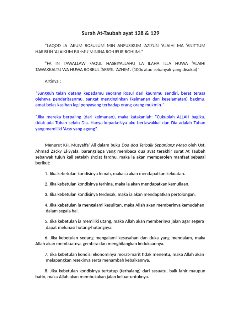 Surah At-Taubah Ayat 128 & 129 (La Qod Ja Akum) | PDF
