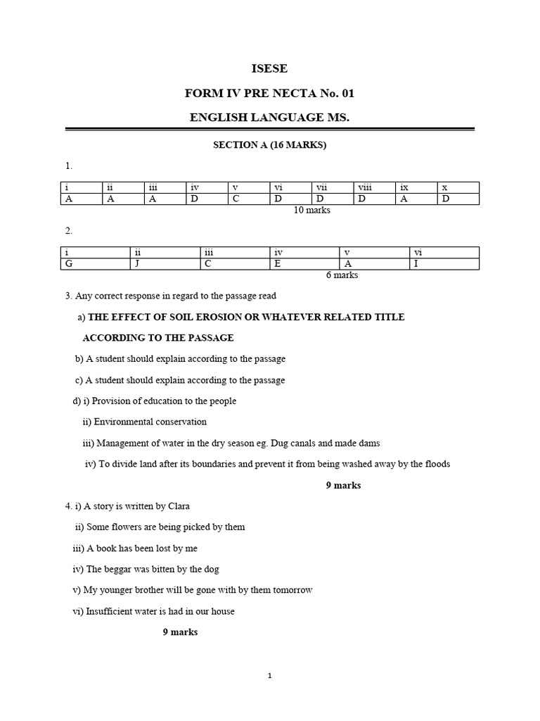 F4 English Isese Pre-Necta 01 MS | PDF