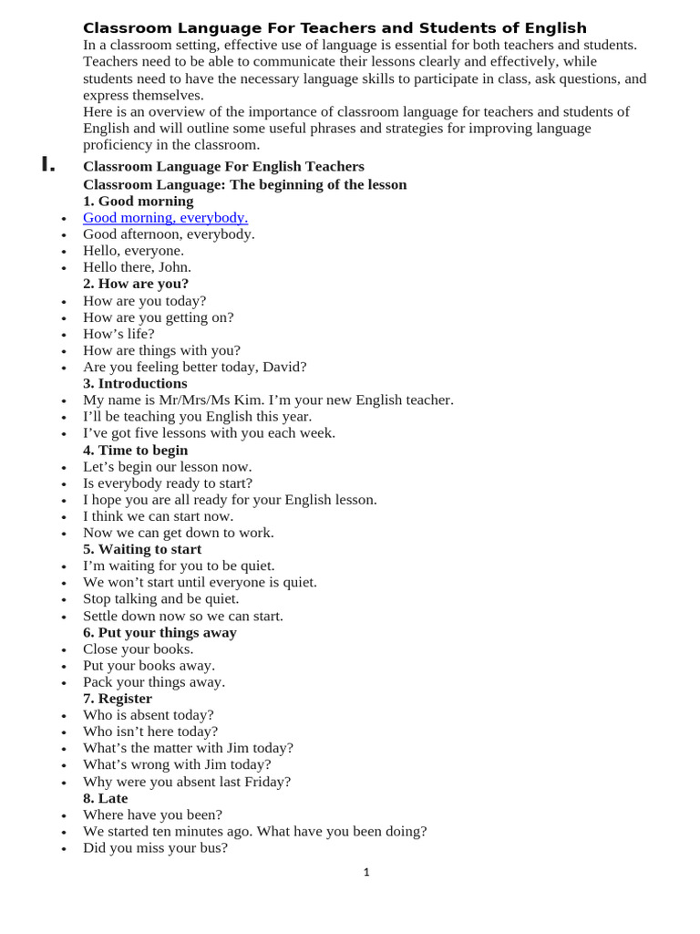 Common Classroom Language | PDF